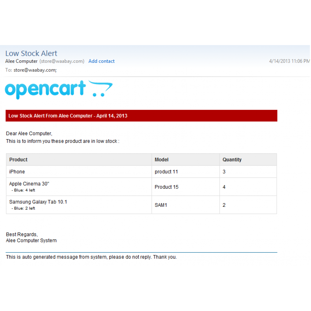 Low Stock Alert (OpenCart Addon - vQmod)